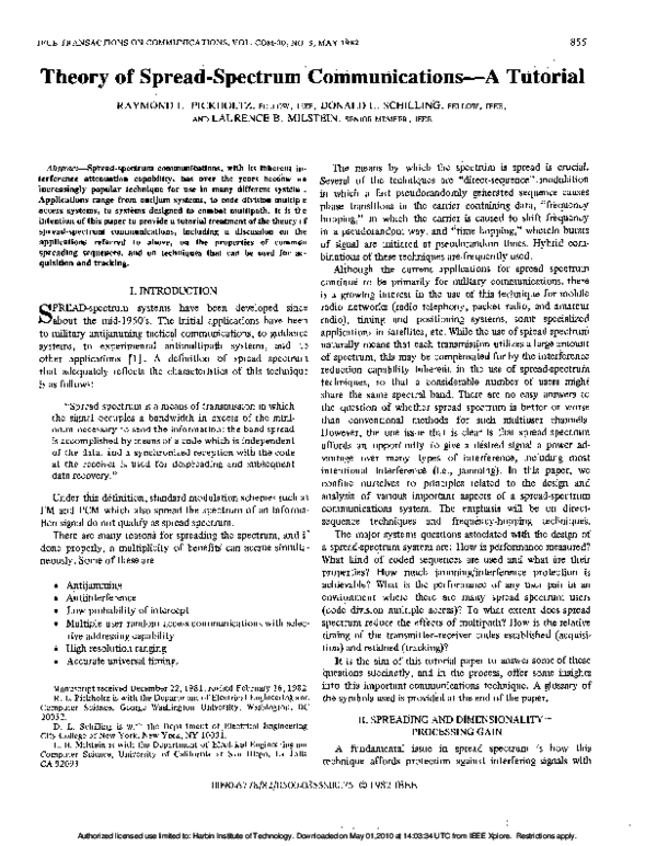 (PDF) Theory of spread-spectrum communications--a tutorial