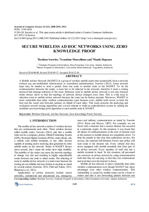 (PDF) Secure Wireless Ad Hoc Networks Using Zero Knowledge Proof