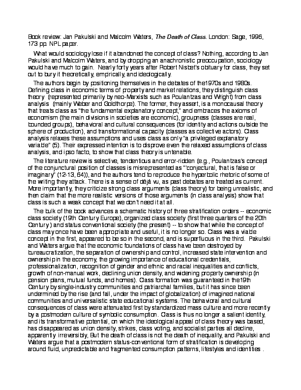 (PDF) Book review: The Death of Class by Jan Pakulski & Malcolm Waters