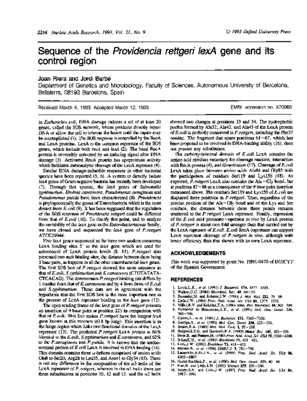 (PDF) Sequence of the Providencia rettgeri lexA gene and its control region