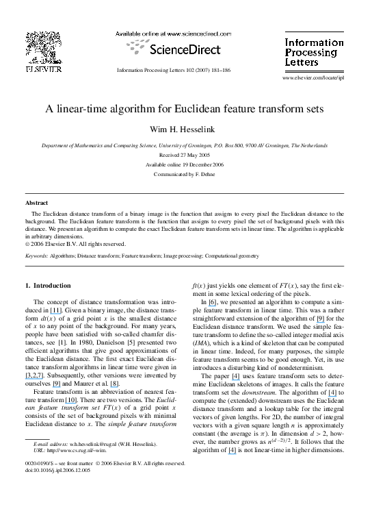 Pdf A Linear Time Algorithm For Euclidean Feature Transform Sets