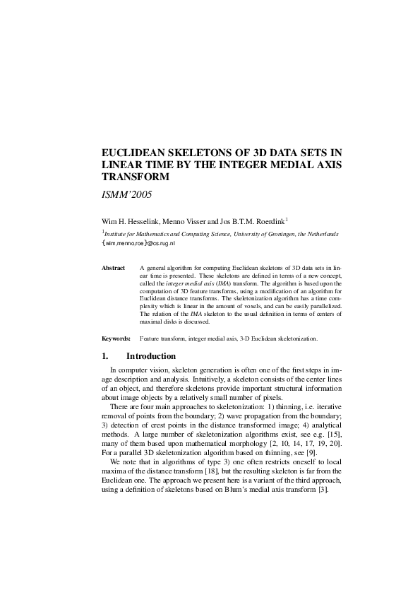 (PDF) Euclidean Skeletons of 3D Data Sets in Linear Time by the Integer Medial Axis Transform