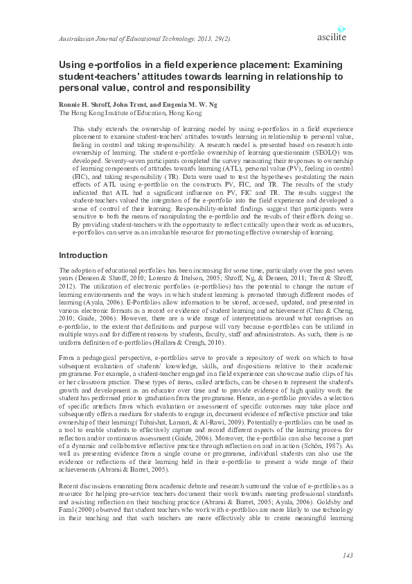 (PDF) Using e-portfolios in a field experience placement: Examining ...