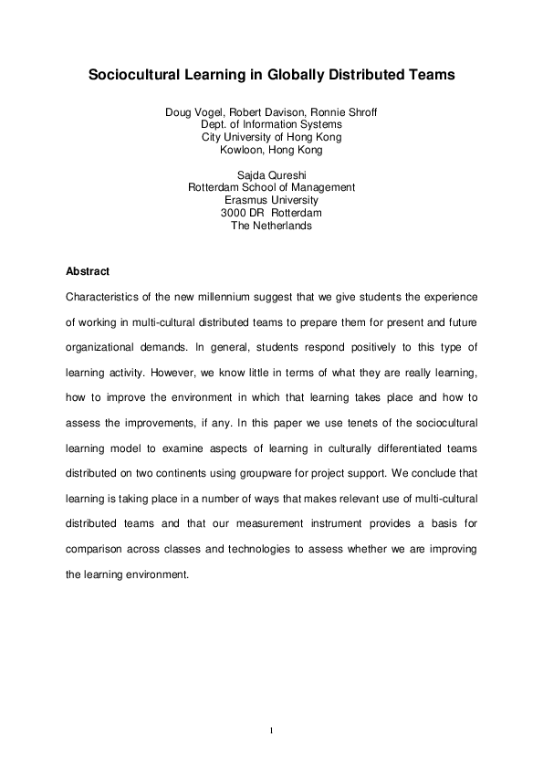 (PDF) Sociocultural Learning In Globally Distributed Teams: An ...