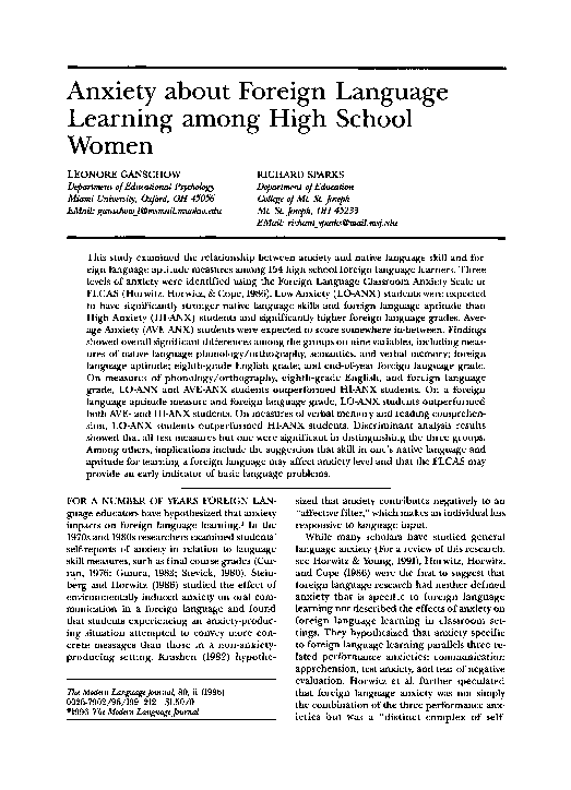 (PDF) Anxiety about foreign language learning among high school women