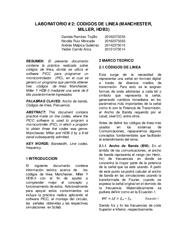 (PDF) LABORATORIO # 2: CODIGOS DE LINEA (MANCHESTER, MILLER, HDB3