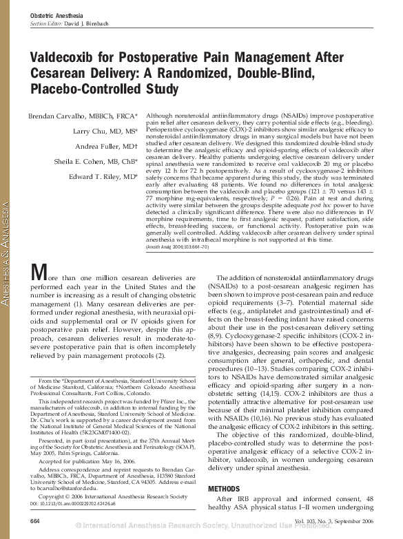 (PDF) Valdecoxib for Postoperative Pain Management After Cesarean Delivery: A Randomized, Double ...