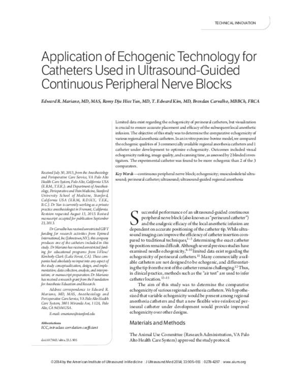 (PDF) Application of Echogenic Technology for Catheters Used in Ultrasound-Guided Continuous ...