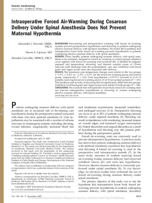 (PDF) Intraoperative Forced Air-Warming During Cesarean Delivery Under ...