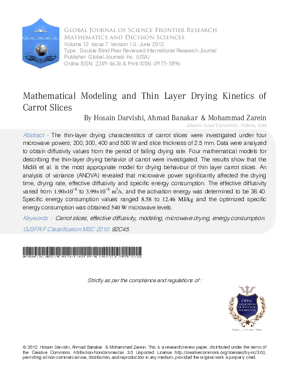 (PDF) Mathematical Modeling and Thin Layer Drying Kinetics of Carrot Slices
