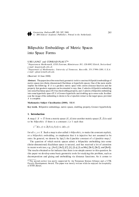 (PDF) Bilipschitz embeddings of metric spaces into space forms