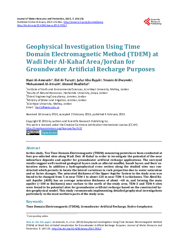 (PDF) Geophysical Investigation Using Time Domain Electromagnetic Method (TDEM) at Wadi Deir Al ...