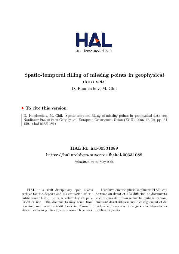 (PDF) Spatio-temporal filling of missing points in geophysical data sets