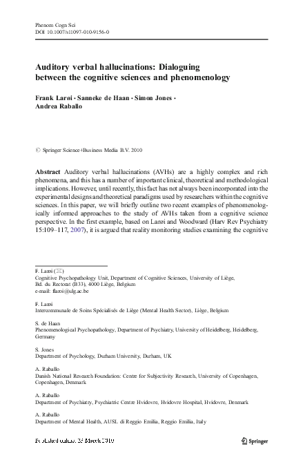 (PDF) Auditory verbal hallucinations: Dialoguing between the cognitive sciences and phenomenology