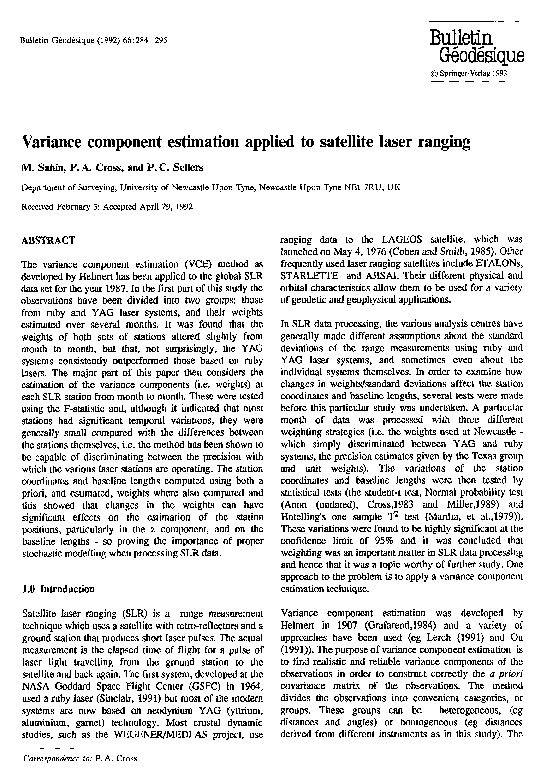 (PDF) Variance component estimation applied to satellite laser ranging