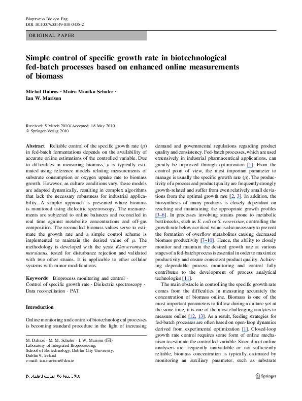 Pdf Simple Control Of Specific Growth Rate In Biotechnological Fed Batch Processes Based On