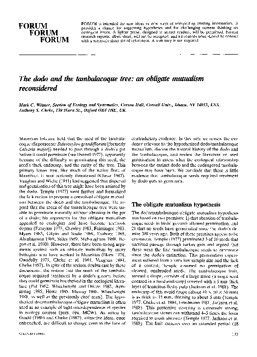 (PDF) The dodo and the tambalacoque tree: an obligate mutualism ...