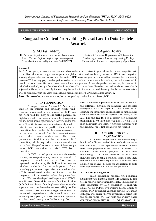 (PDF) Congestion Control for Avoiding Packet Loss in Data Centric Network
