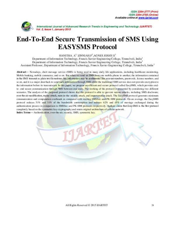 (PDF) End-To-End Secure Transmission of SMS Using EASYSMS Protocol