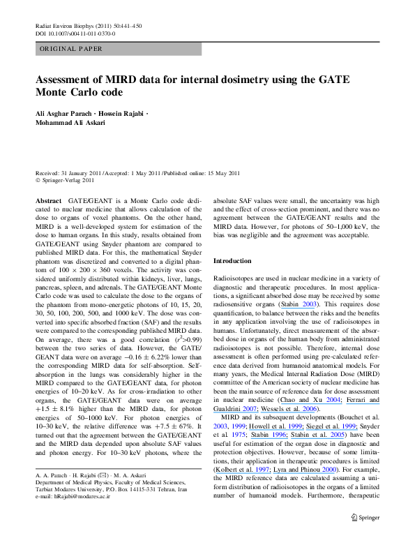 (PDF) Assessment of MIRD data for internal dosimetry using the GATE ...
