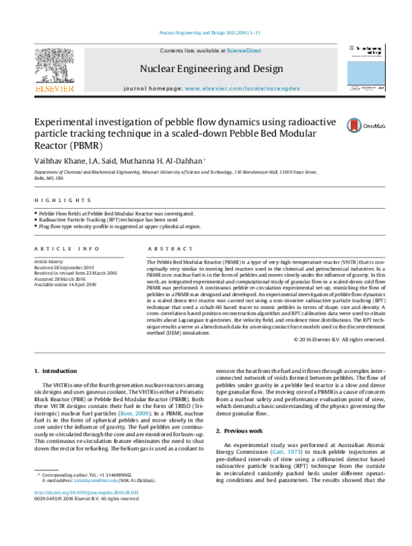 (PDF) Experimental investigation of pebble flow dynamics using radioactive particle tracking ...