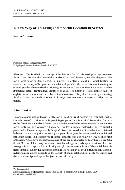 (PDF) A New Way of Thinking about Social Location in Science