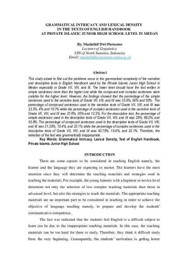 (PDF) GRAMMATICAL INTRICACY AND LEXICAL DENSITY IN THE TEXTS OF ENGLISH ...