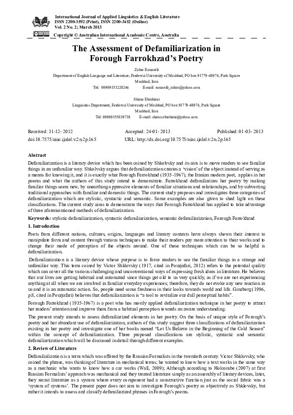 (PDF) The Assessment of Defamiliarization in Forough Farrokhzad’s Poetry