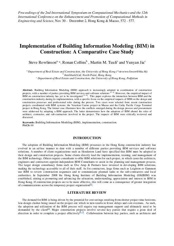 Pdf Implementation Of Building Information Modeling Bim In Construction A Comparative Case