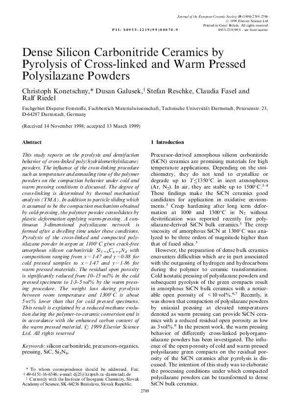 (PDF) Dense silicon carbonitride ceramics by pyrolysis of cross-linked ...
