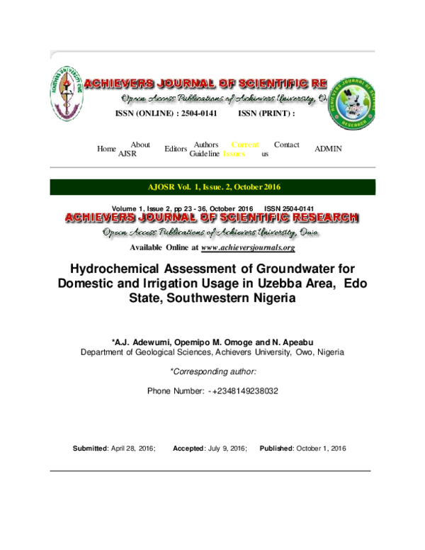 (PDF) Hydrochemical Assessment of Groundwater for Domestic and Irrigation Usage in Uzebba Area ...
