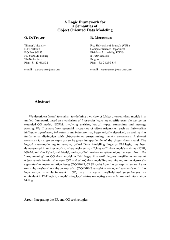 Pdf A Logic Framework For A Semantics Of Object Oriented Data Modeling