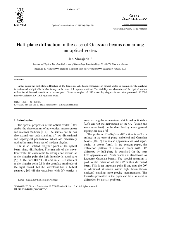 Pdf Half Plane Diffraction In The Case Of Gaussian Beams Containing An Optical Vortex