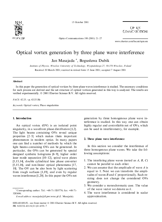 (PDF) Optical vortex generation by three plane wave interference