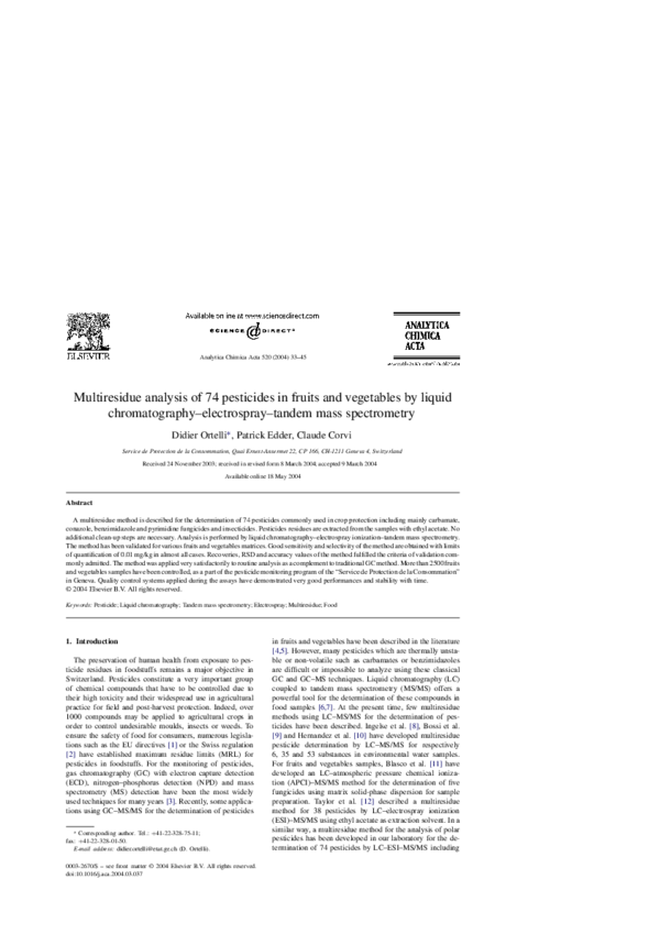 (PDF) Multiresidue analysis of 74 pesticides in fruits and vegetables by liquid chromatography ...
