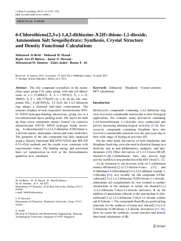 (PDF) 6-Chlorothieno[2,3-e]-1,4,2-dithiazine-3(2H)-thione-1,1-dioxide ...