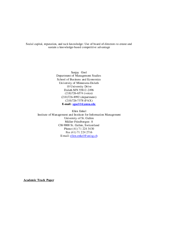 (PDF) Social capital, reputation, and tacit knowledge: Use of board of directors to create and ...