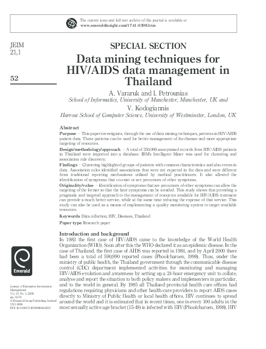 (PDF) Data mining techniques for HIV/AIDS data management in Thailand