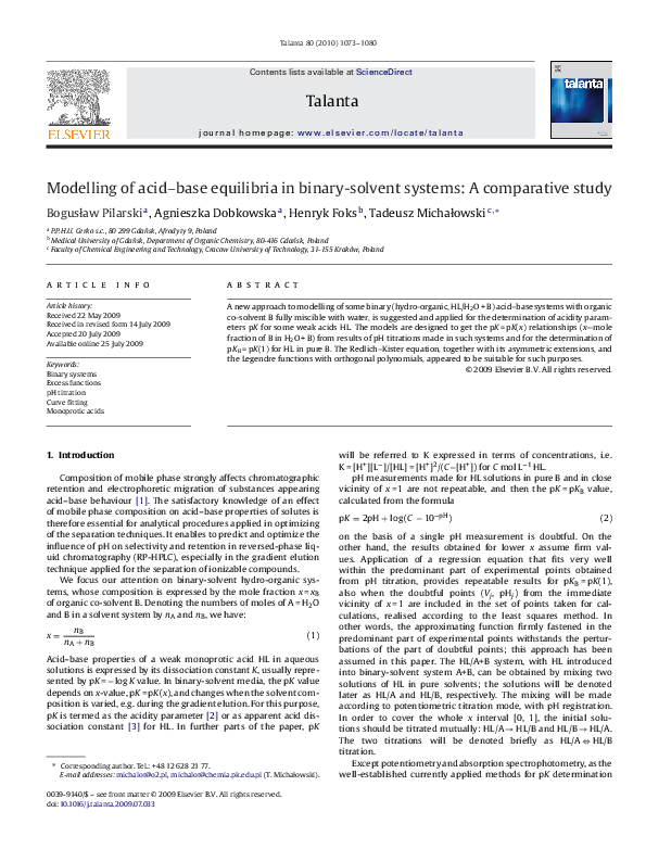 (PDF) Modelling of acid–base equilibria in binary-solvent systems: A ...