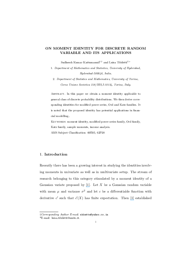 (PDF) Moment identity for discrete random variable and its applications