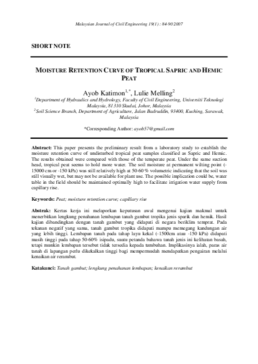 (PDF) MOISTURE RETENTION CURVE OF TROPICAL SAPRIC AND HEMIC PEAT