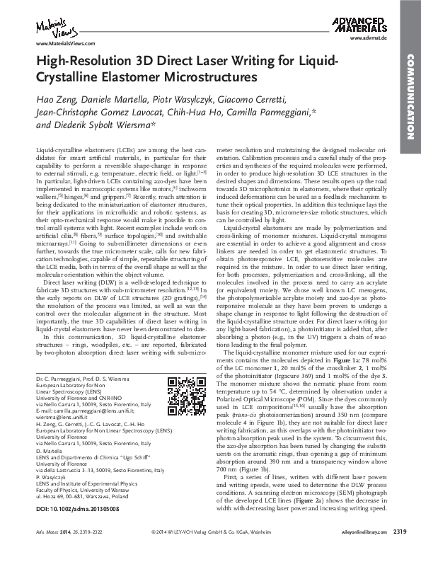(PDF) Liquid-Crystalline Elastomers: High-Resolution 3D Direct Laser ...