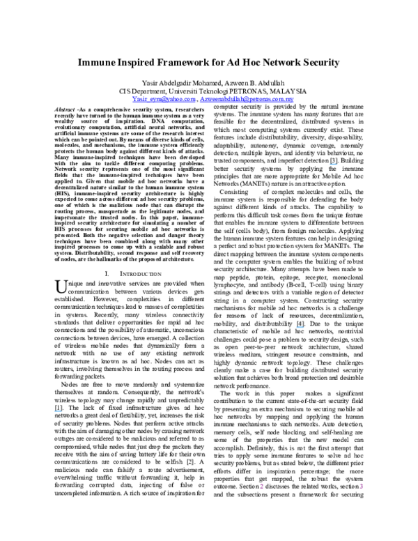 (PDF) Immune inspired framework for ad hoc network security