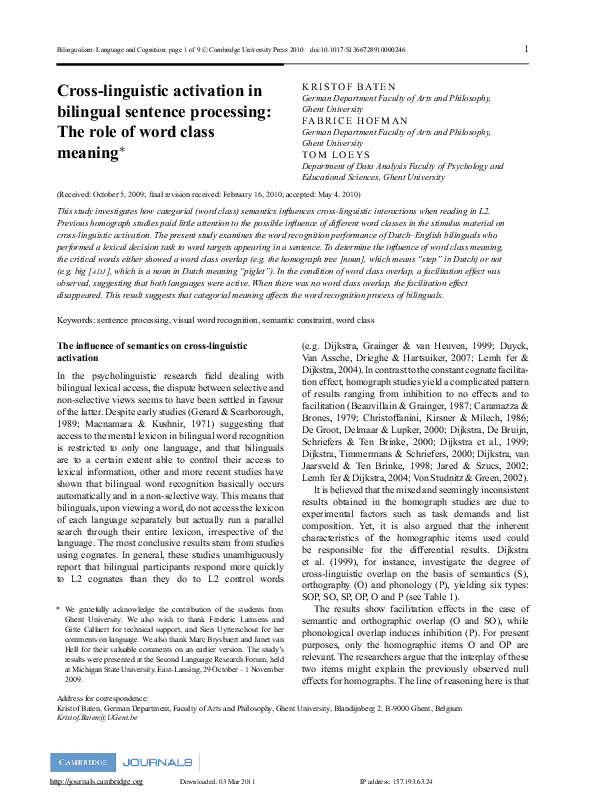 (PDF) (2011) Cross-linguistic activation in bilingual sentence processing: The role of word ...