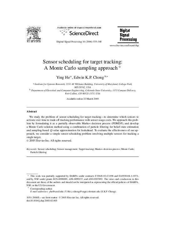 (PDF) Sensor scheduling for target tracking: A Monte Carlo sampling approach