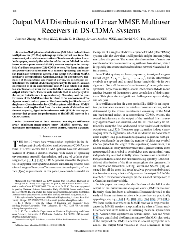 (PDF) Output MAI distributions of linear MMSE multiuser receivers in DS-CDMA systems