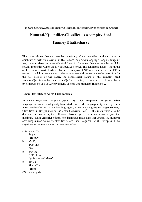 (PDF) Numeral/Quantifier-Classifier as a complex head | Tanmoy Bhattacharya - Academia.edu