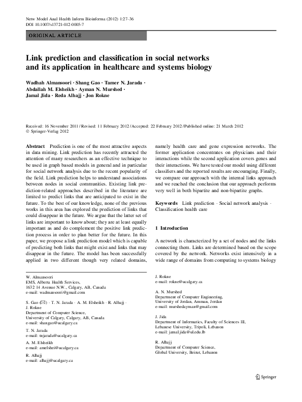 (PDF) Link prediction and classification in social networks and its application in healthcare ...