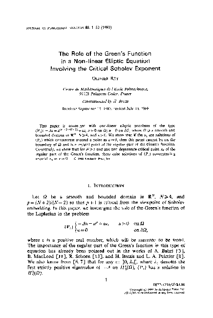(PDF) The role of the Green''s function in a nonlinear elliptic equation involving the critical ...