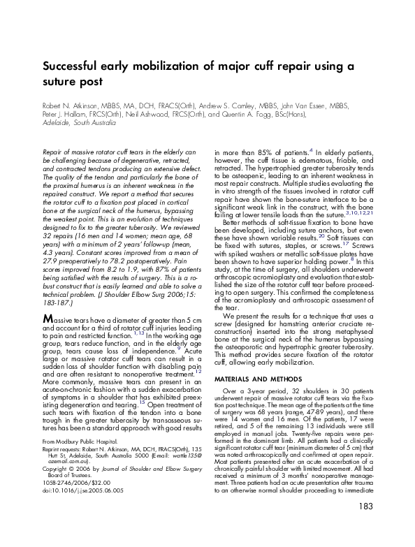 (PDF) Successful early mobilization of major cuff repair using a suture ...